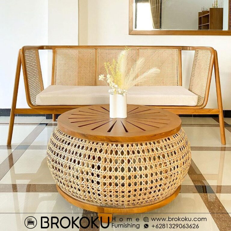 Jual Kursi tamu japandi kayu jati + rotan set 321 BHF-187 | Brokoku