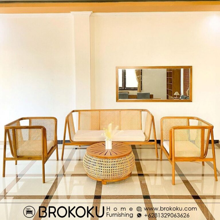 Jual Kursi tamu japandi kayu jati + rotan set 321 BHF-187 | Brokoku